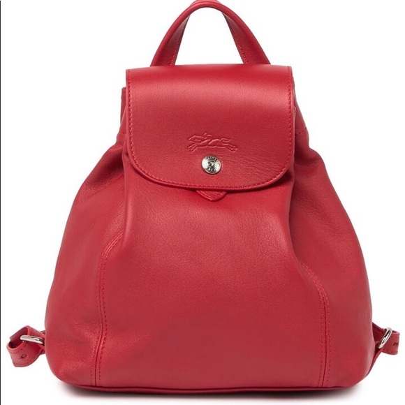 Longchamp | Bags | Longchamp Womens Red Le Pliage Leather Backpack ...